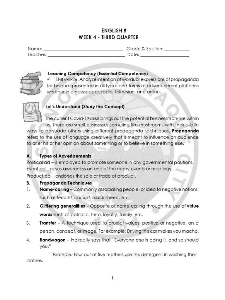 English 8 - 3RD Quarter - Week 4 Propaganda Techniques PDF | PDF