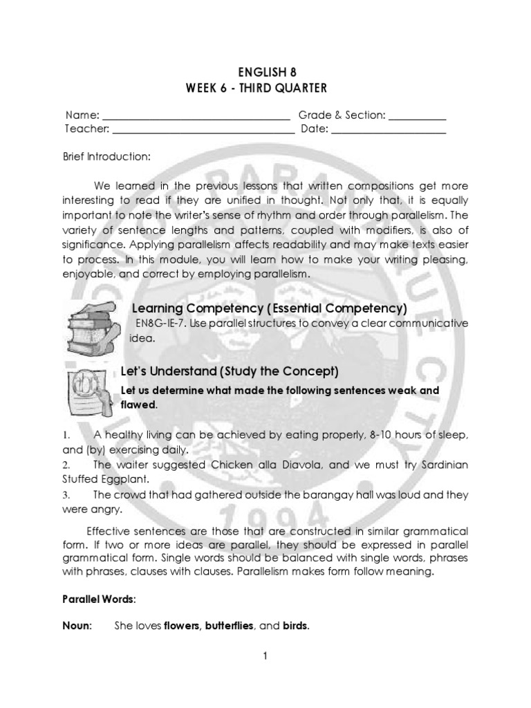 English 8 - 3RD Quarter - Week 6 - Parallel Structures PDF | PDF