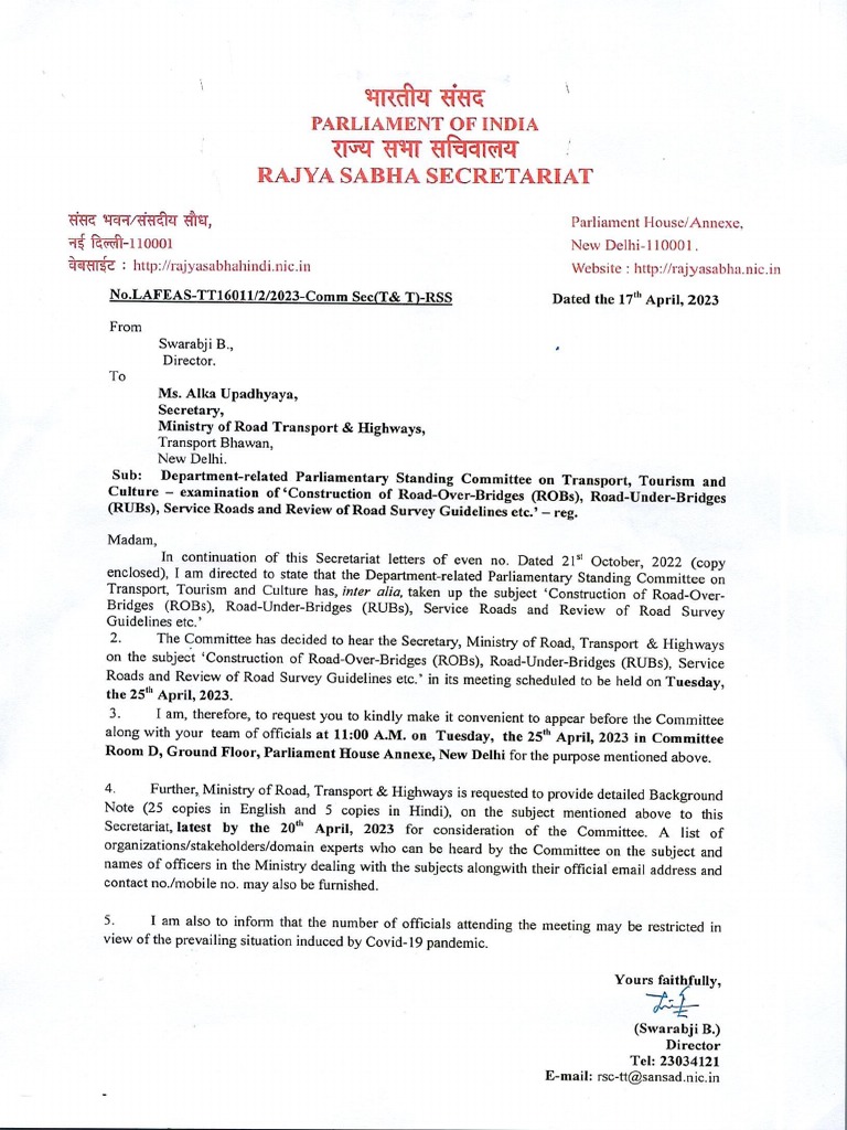 Rajya Sabha Secretariat Letter - 0001 PDF | PDF Rajya Sabha Secretariat Letter - 0001 PDF | PDF
