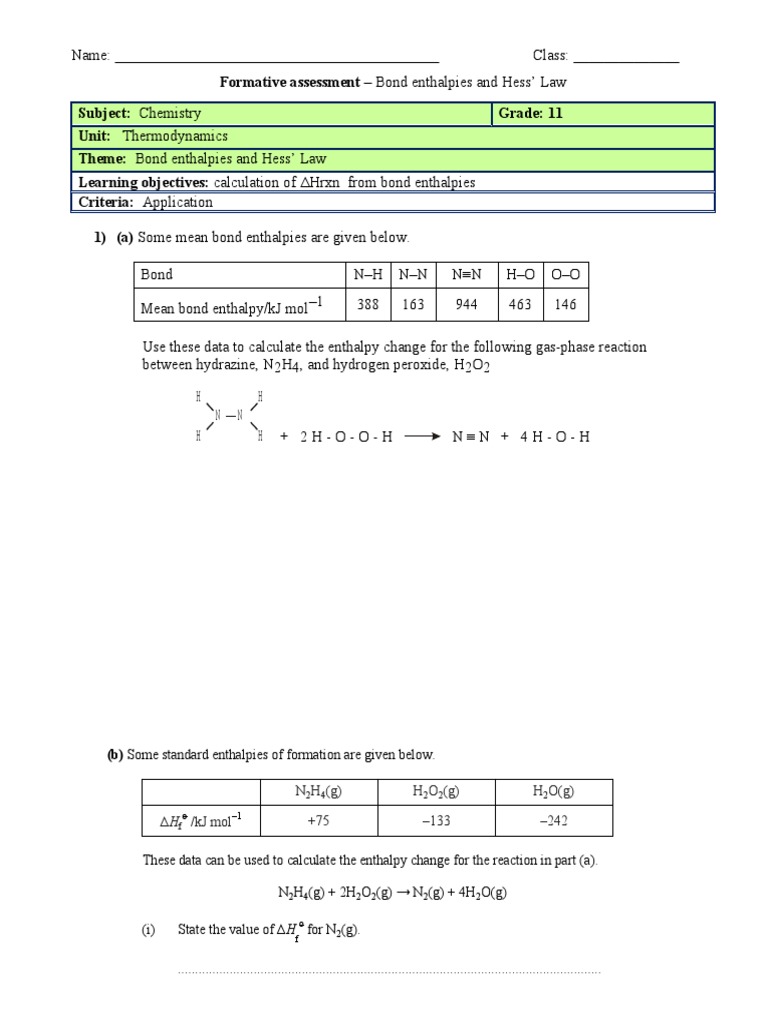 Formative - Bond Enthalpies and Hess' Law | PDF | Enthalpy | Hydrogen ...