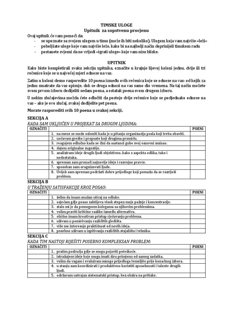 Timske Uloge - Upitnik Za Sopstvenu Procjenu | PDF