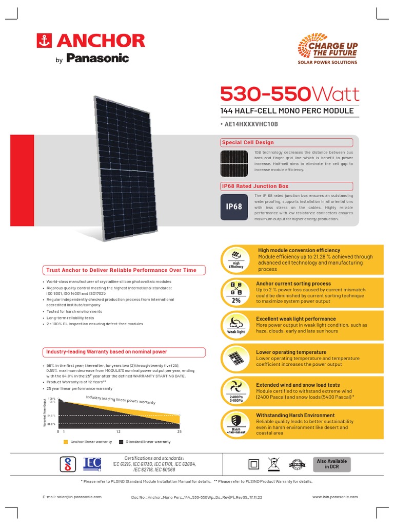 Anchor - Mono Perc - 144 - 530-550Wp PDF | PDF | Solar Panel | Electrical Engineering