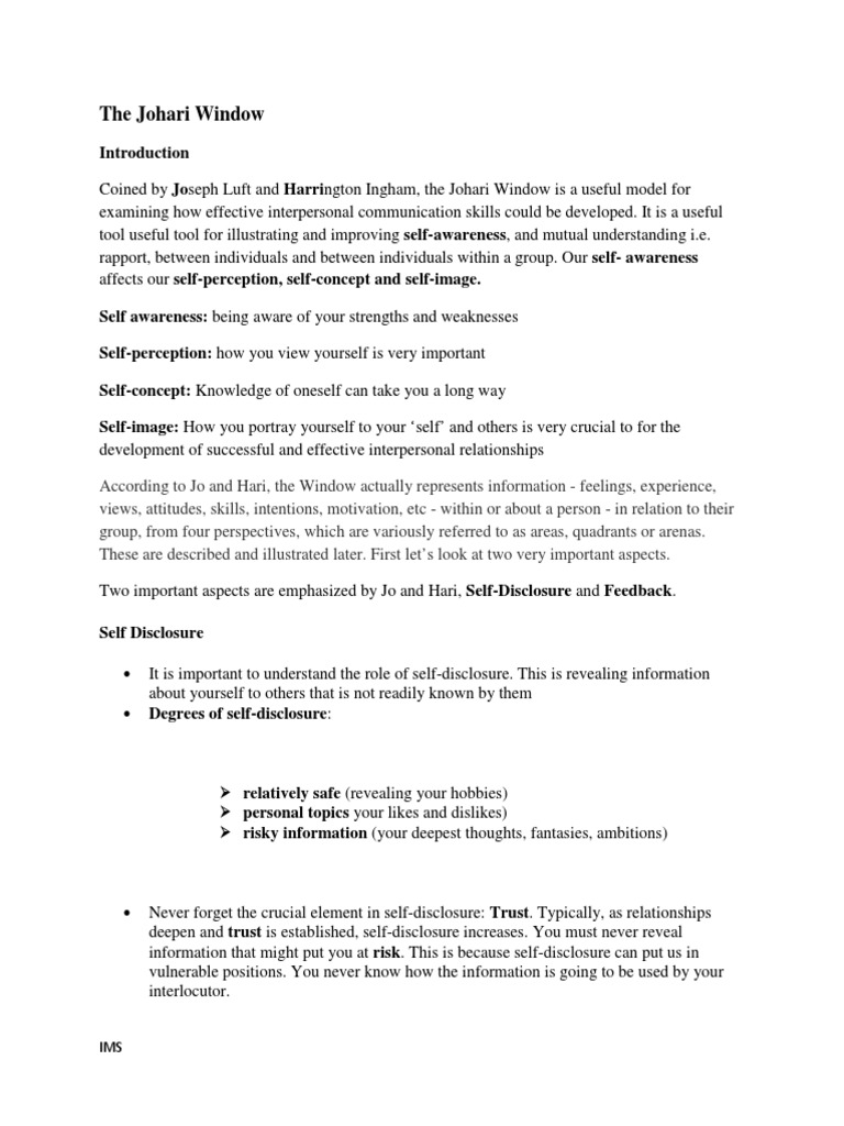 The Four Window Panes of the Johari Model | PDF | Human Communication ...
