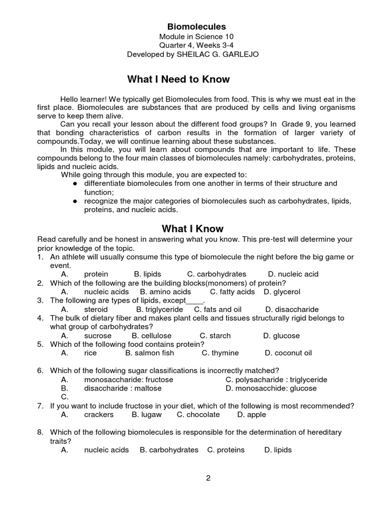 Sci10 Q4 W3-4 Biomolecules Garlejo - FINAL PDF | PDF | Calorie ...