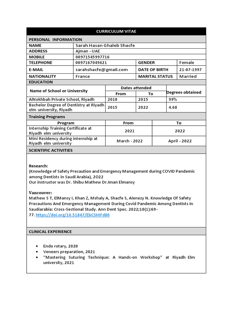 Sarah Shacfe's Dental CV and Achievements | PDF