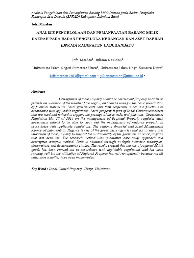 Analisis Pengelolaan Dan Pemanfaatan Barang Milik Daerah Pada Badan Pengelola Keuangan Dan Aset ...