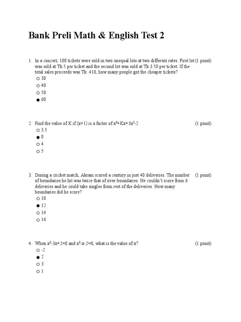 Bank Preli Math & English Test 2 Solution | PDF
