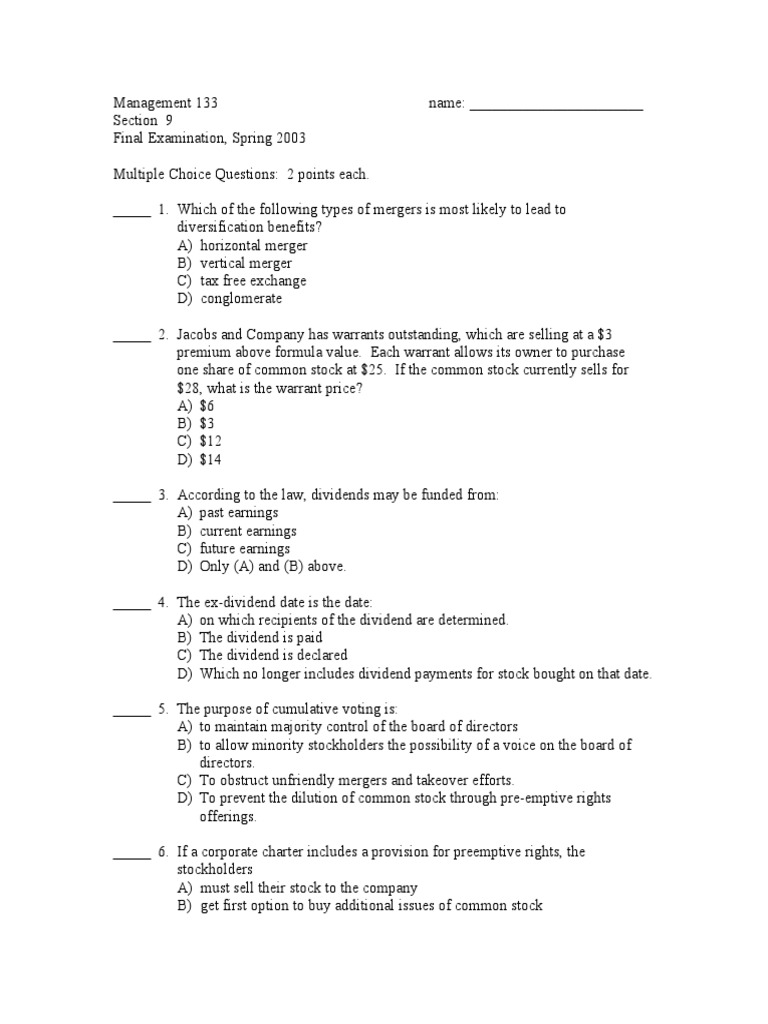Fin 133 Practice Final Exam | PDF | Stocks | Bonds (Finance)