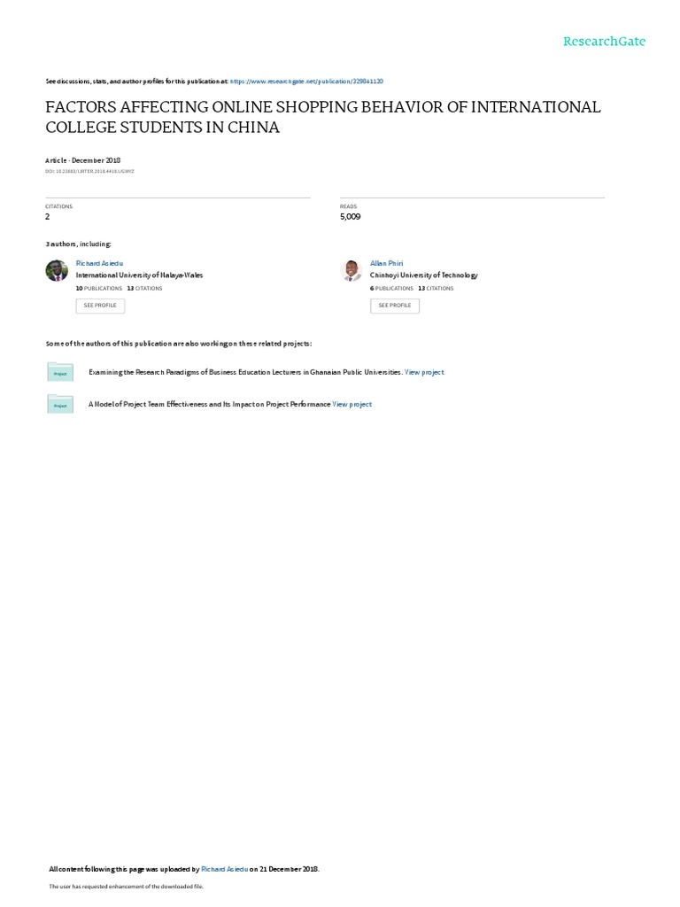 Factors Affecting Online Shopping Behavior of International College Students in China | PDF