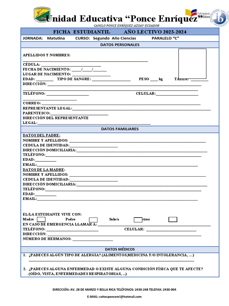 Ficha Estudiantil - 2do Cienciad - C | PDF