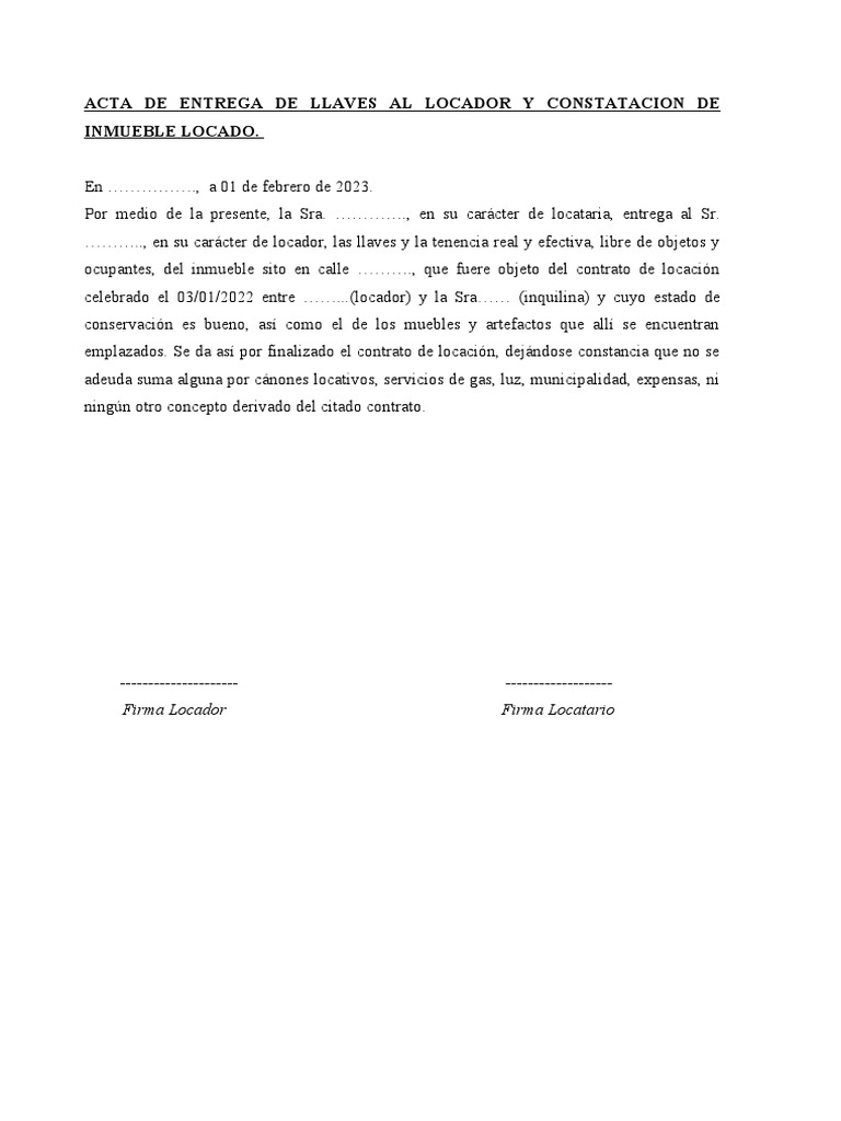 Acta de Entrega de Llaves Modelo | PDF Acta de Entrega de Llaves Modelo | PDF