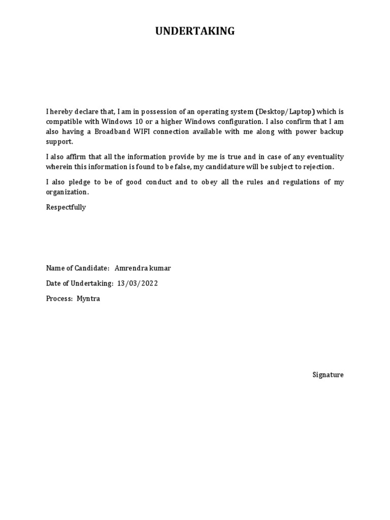 Undertaking Form Tech Mahindra PDF | PDF