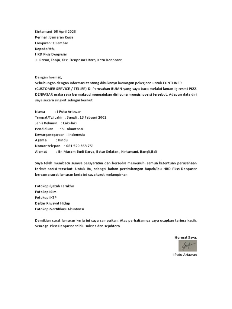 Surat Lamaran Kerja Frontliner PKSS | PDF