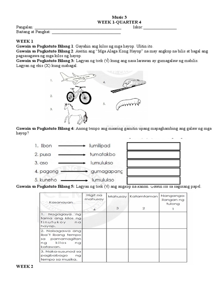Grade 3-Music-Week 1-Answer Sheet | PDF