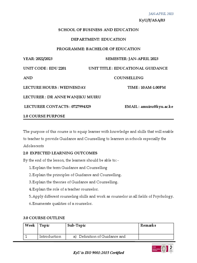 UPDATED-EDUCATIONAL GUIDANCE AND COUNSELLING COURSE OUTLINE.docx | PDF