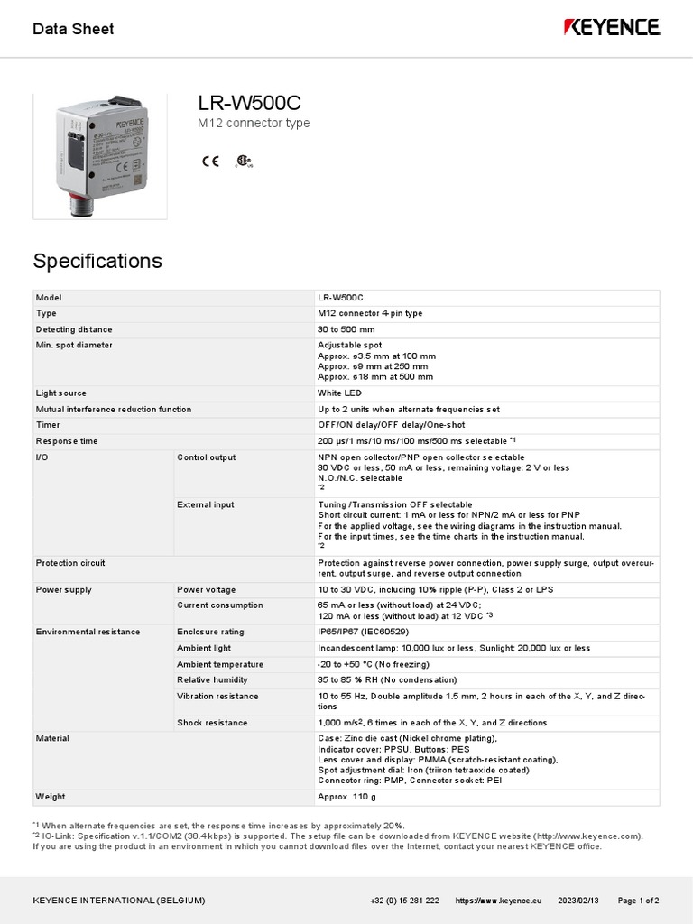 LR-W500C M12 Sensor Specs | PDF