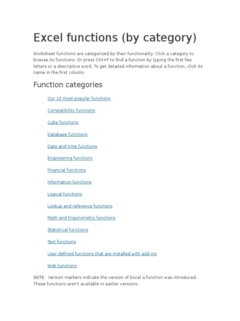 Excel Functions (By Category) PDF | PDF