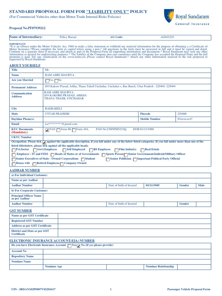 Standard Proposal Form For "Liability Only" Policy | PDF
