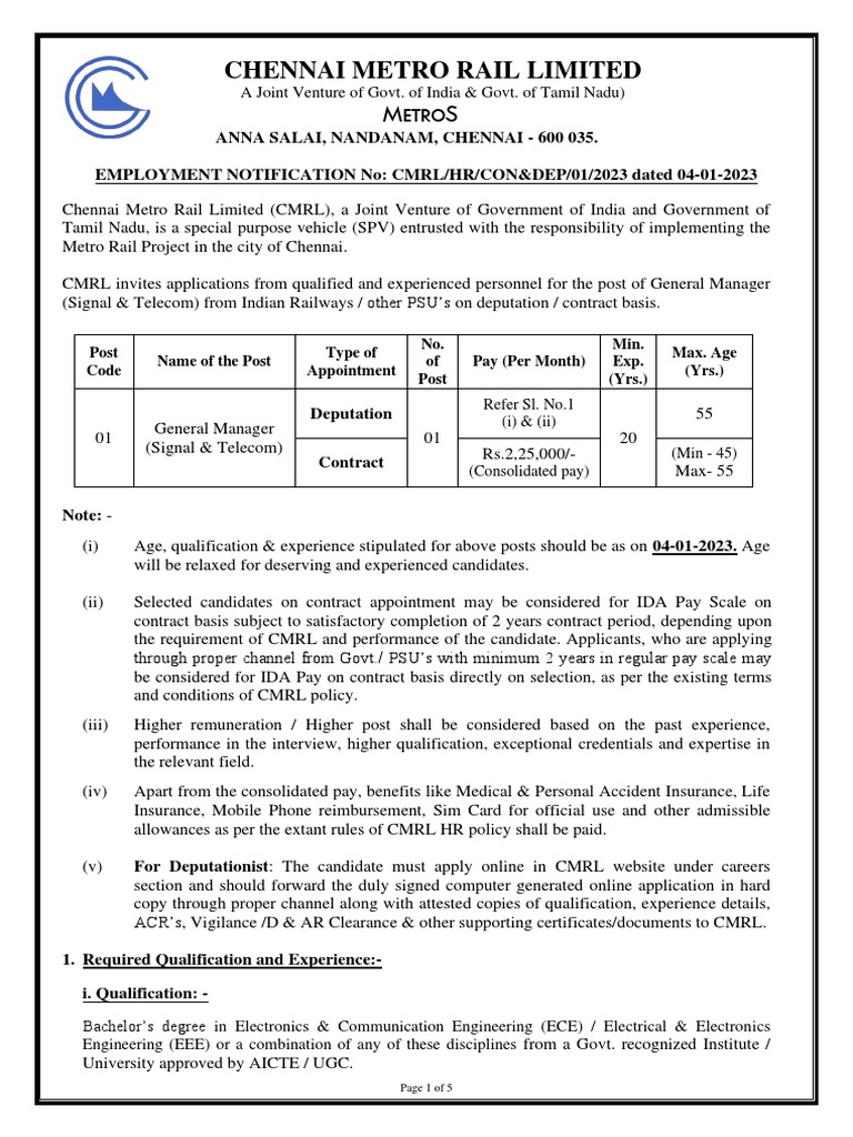 CMRL GM Position for Rail Experts | PDF