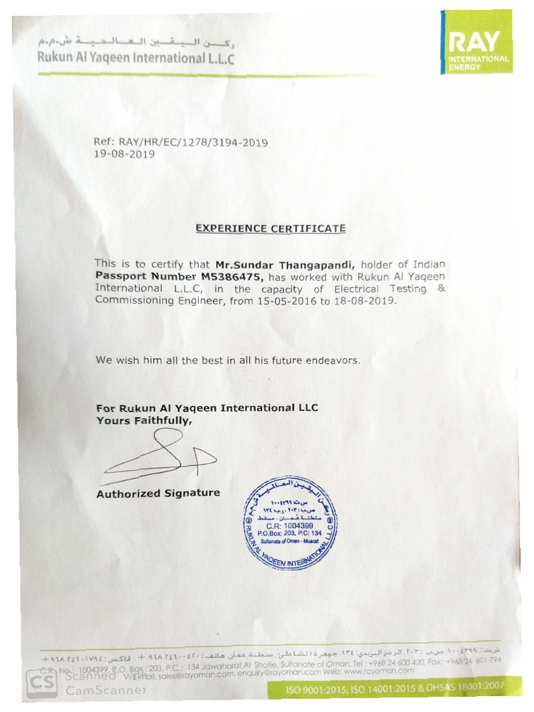 Ray Experience Certificate | PDF