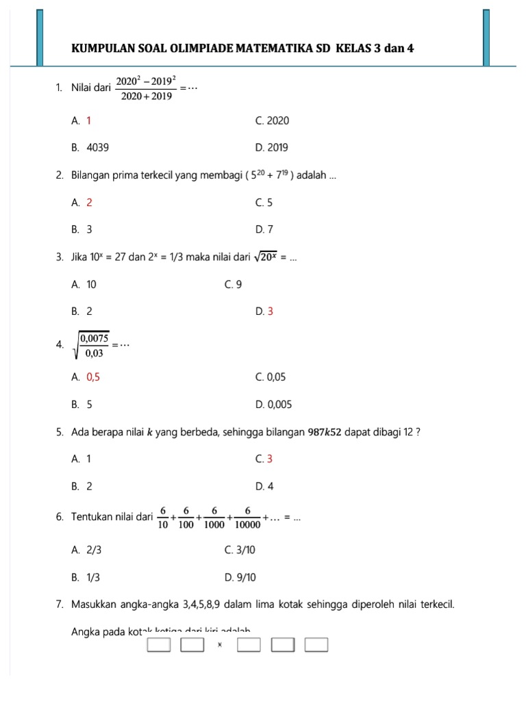 PDF Kumpulan Soal Olimpiade Matematika SD Kelas 5 Dan 6 Compress | PDF