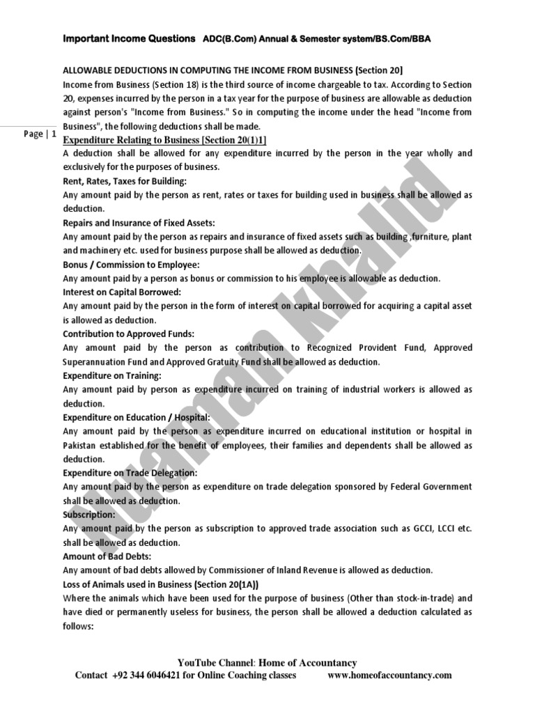 Deduction Allowed and Not Allowed Under The Head Income From Business ...