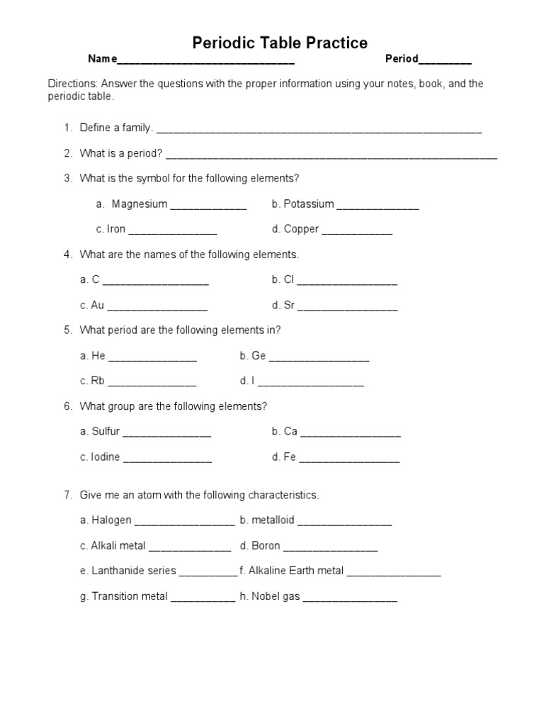 Periodic Table Practice Worksheet | PDF