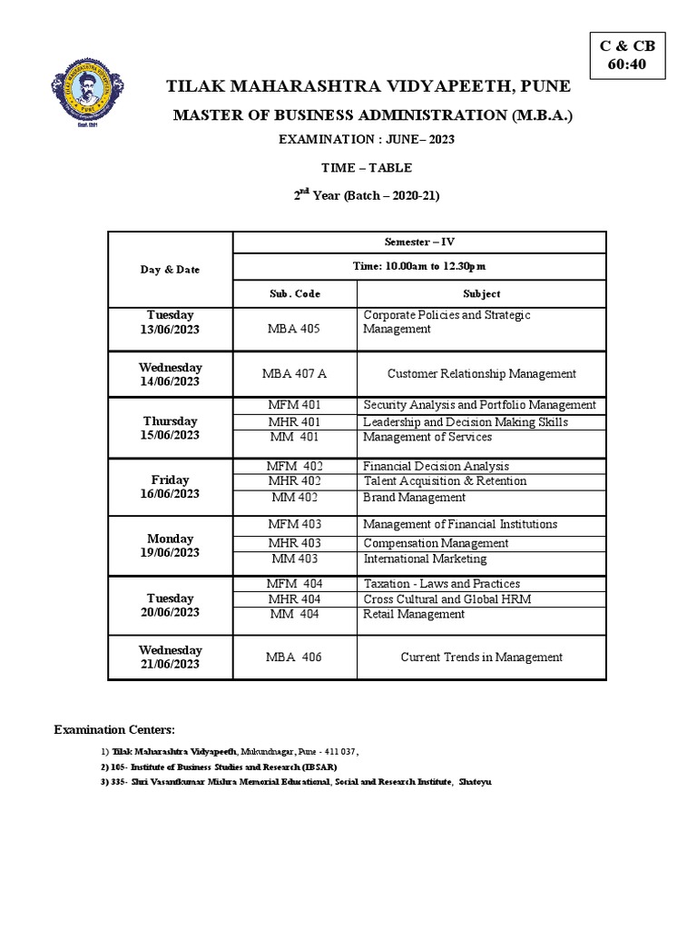MBA Time Table MAY-JUNE-2023 Exam PDF | PDF