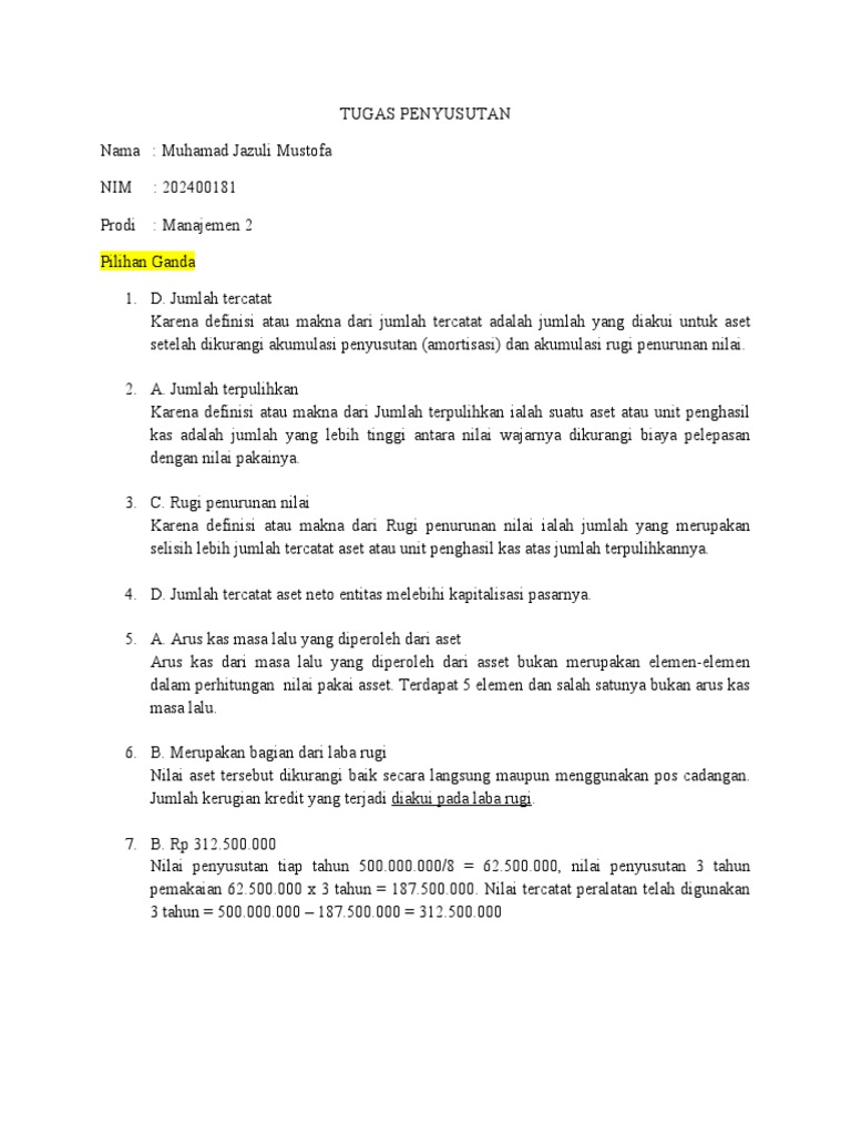Tugas Penyusutan - Muhamad Jazuli Mustofa - 202400181 | PDF Tugas Penyusutan - Muhamad Jazuli Mustofa - 202400181 | PDF