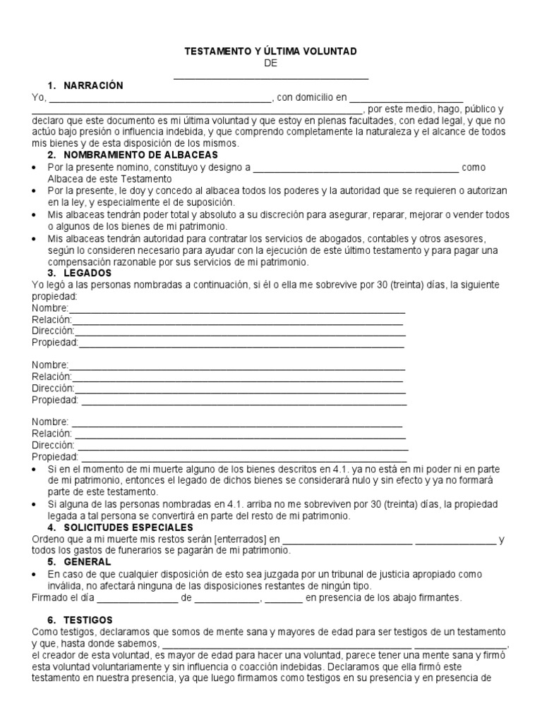 Plantilla de Testamento y Última Voluntad | PDF | Propiedad | Justicia