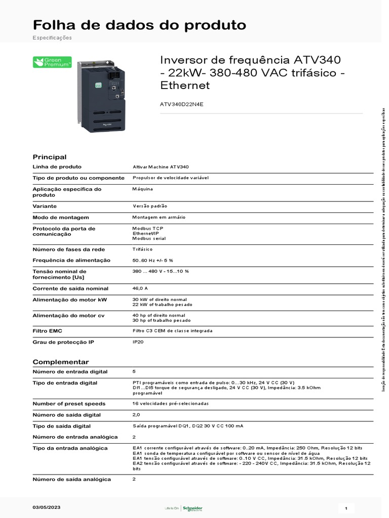 Especificações do Inversor ATV340 22kW | PDF | Relé | Impedância elétrica