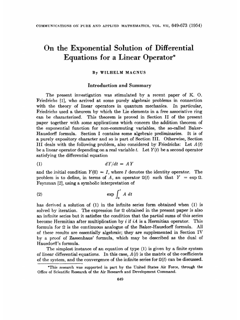 On The Exponential Solution of Differential Equations For A Linear ...