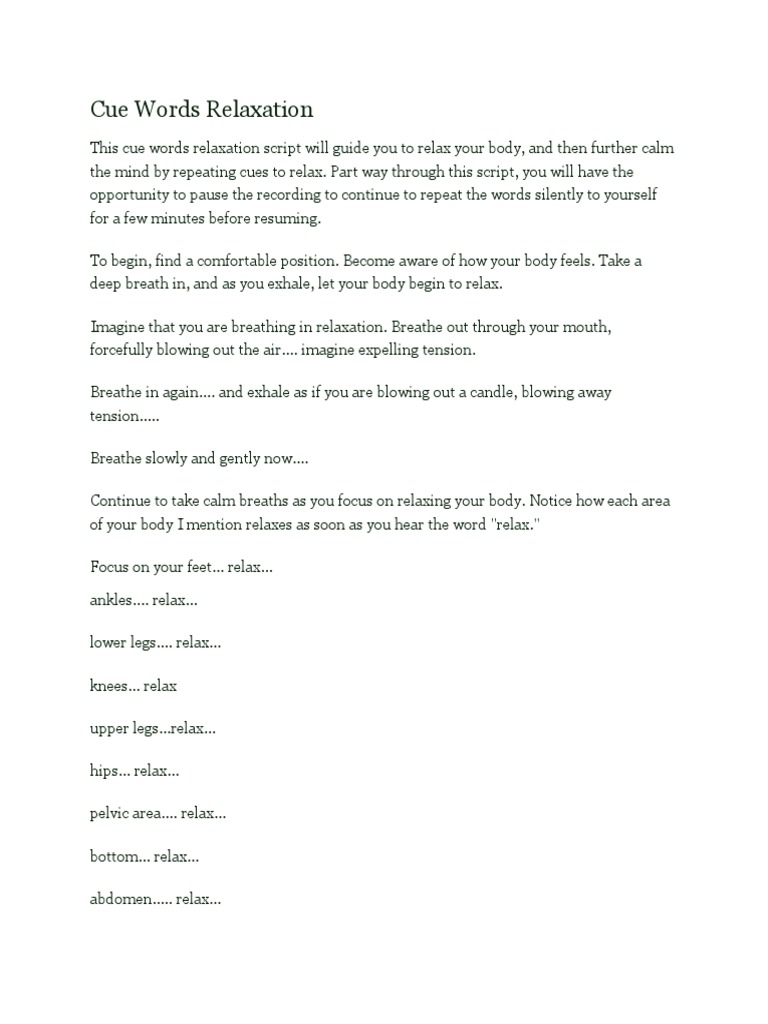 Progressive Muscle Relaxation and Cue Word Guided Imagery Script for ...