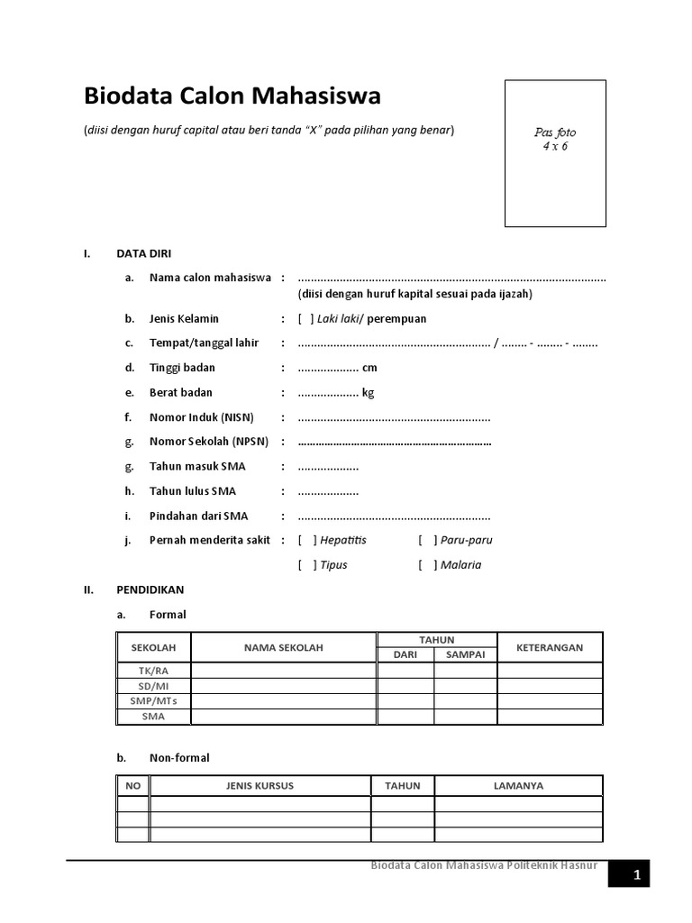 Biodata Calon Mahasiswa | PDF