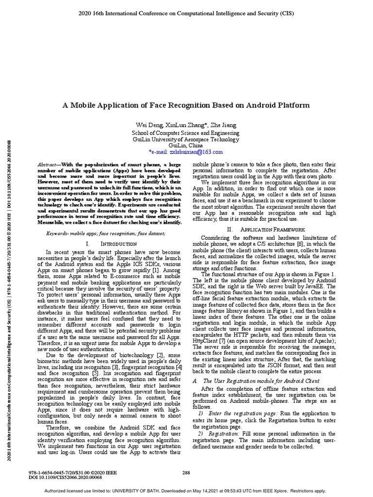 A Mobile Application Of Face Recognition Based On Android Platform Pdf Pdf