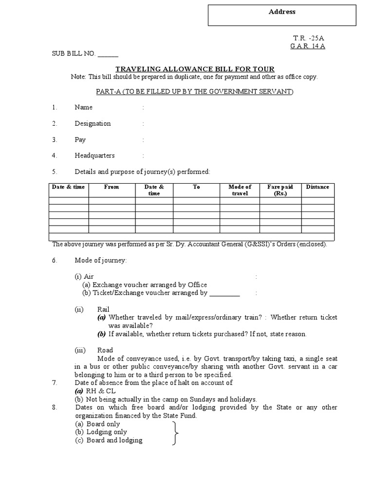 Traveling Allowance Bill Template | PDF
