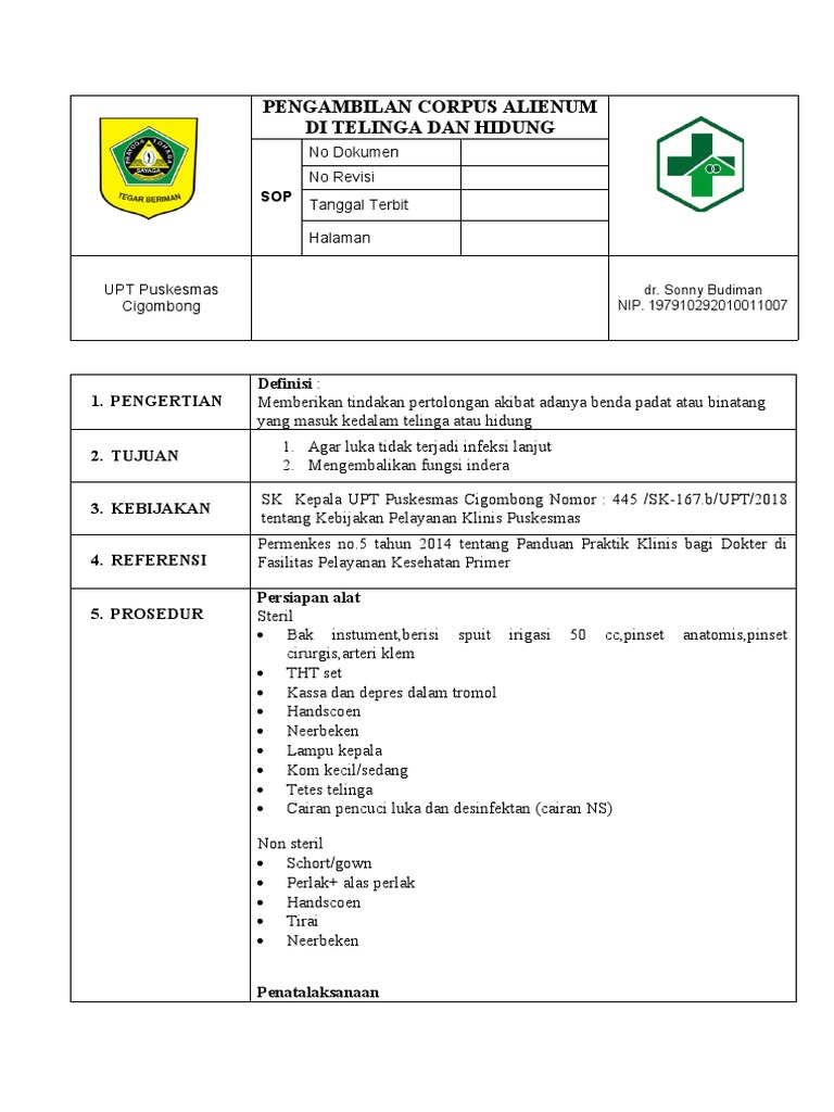 SOP PENGAMBILAN CORPUS ALIENUM DI TELINGA DAN HIDUNG.docx | PDF
