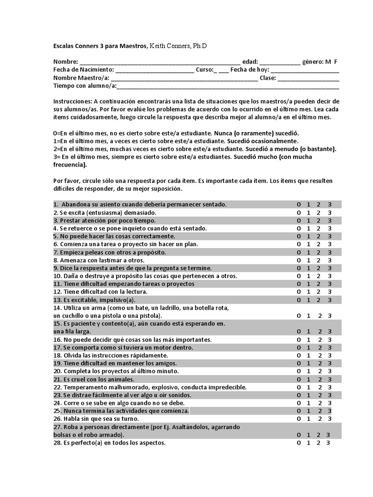 Escala conners 3 para maestros.docx | PDF