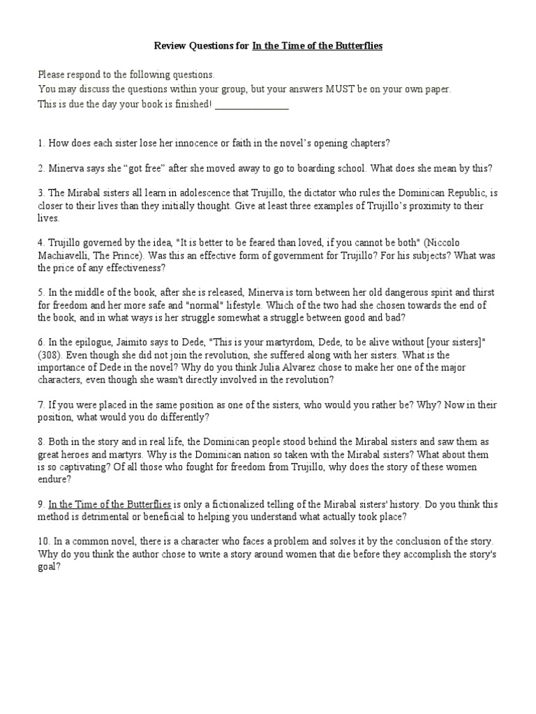 Discussion Questions for Butterflies Novel | PDF
