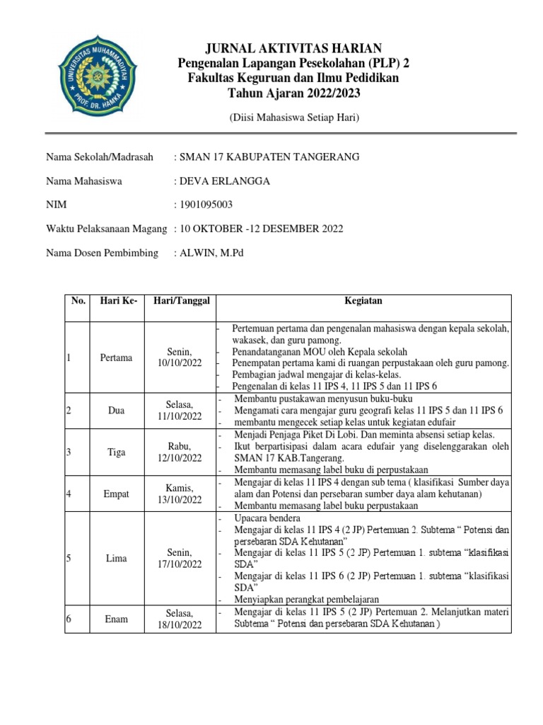 Deva Erlangga - JURNAL AKTIVITAS HARIAN PLP 2 2022 PDF | PDF