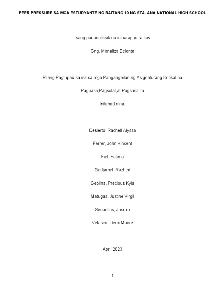 Epekto NG Peer Pressure Sa Mga Studyante Sa Baitang 10 NG Sta | PDF