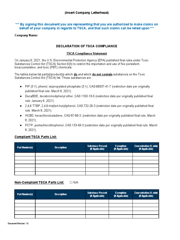 TSCA Declaration Template | PDF