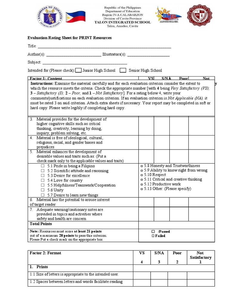 Learning Resource Evaluation Sheet Talon Is Pdf
