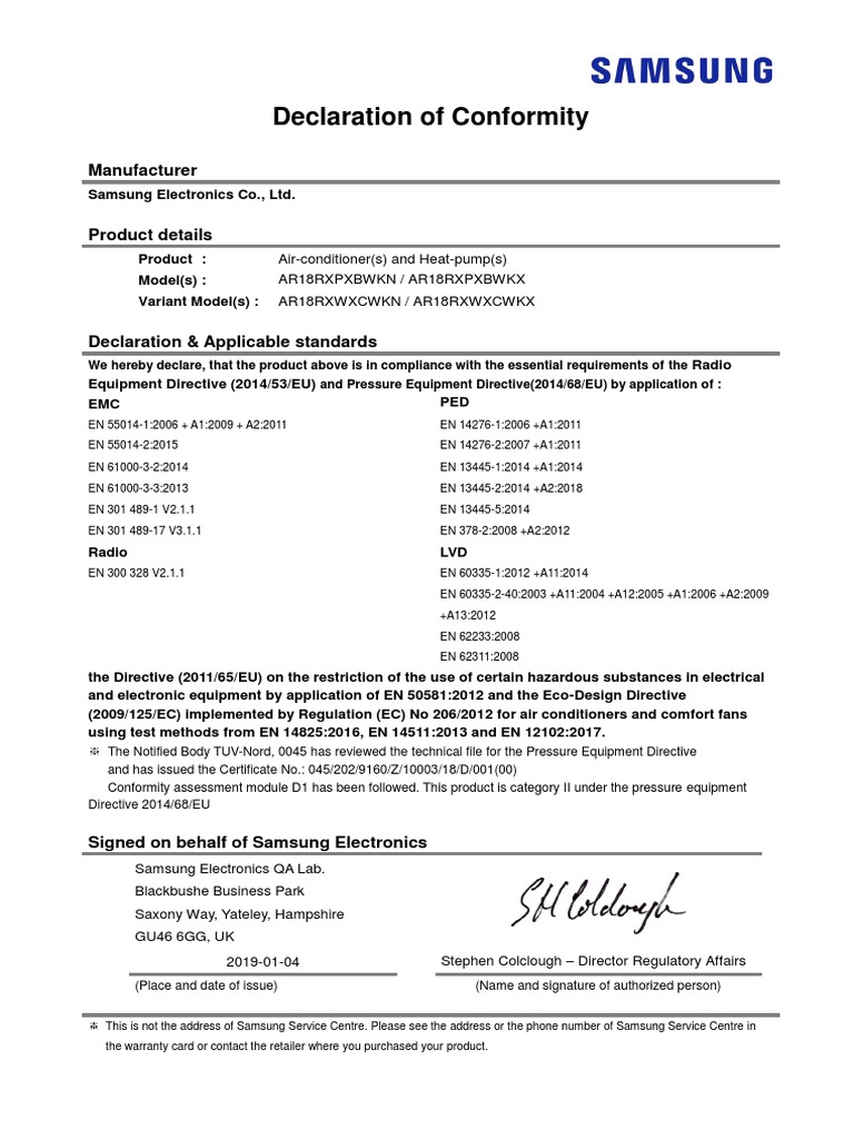 Samsung Air-Conditioner Compliance Declaration | PDF