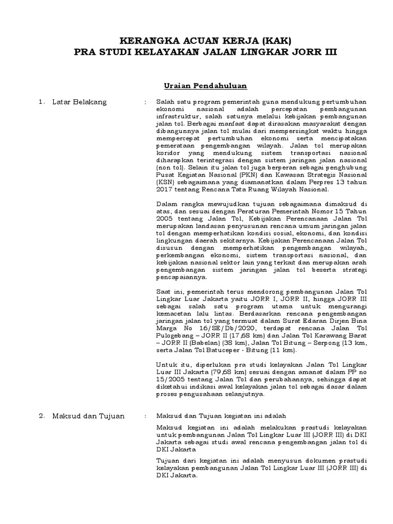 Kak Pra Studi Kelayakan Jalan Lingkar Jorr Iii PDF | PDF