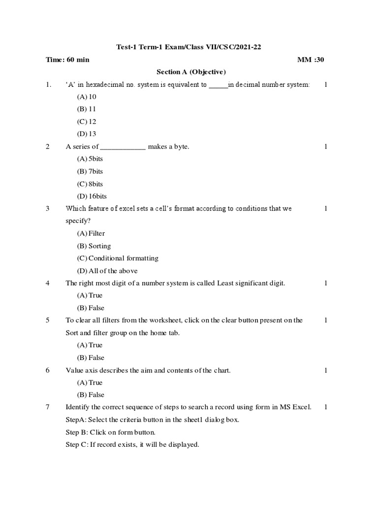 Computer Science Class 7 Test-1 Term-1 PDF | PDF