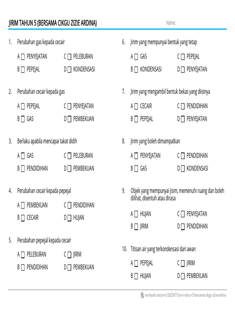 Jirim Tahun 5 Bersama Cikgu Zizie Ardina Kuiz | PDF
