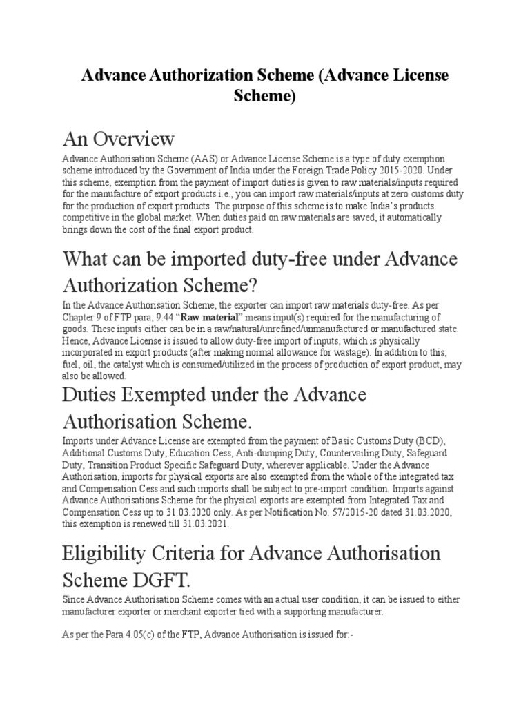 Advance Authorization Scheme | PDF