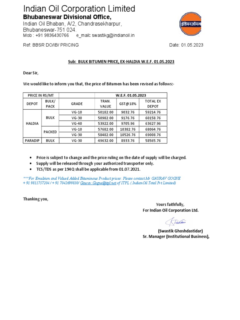 IOCL Bitumen Price List May 2023 | PDF