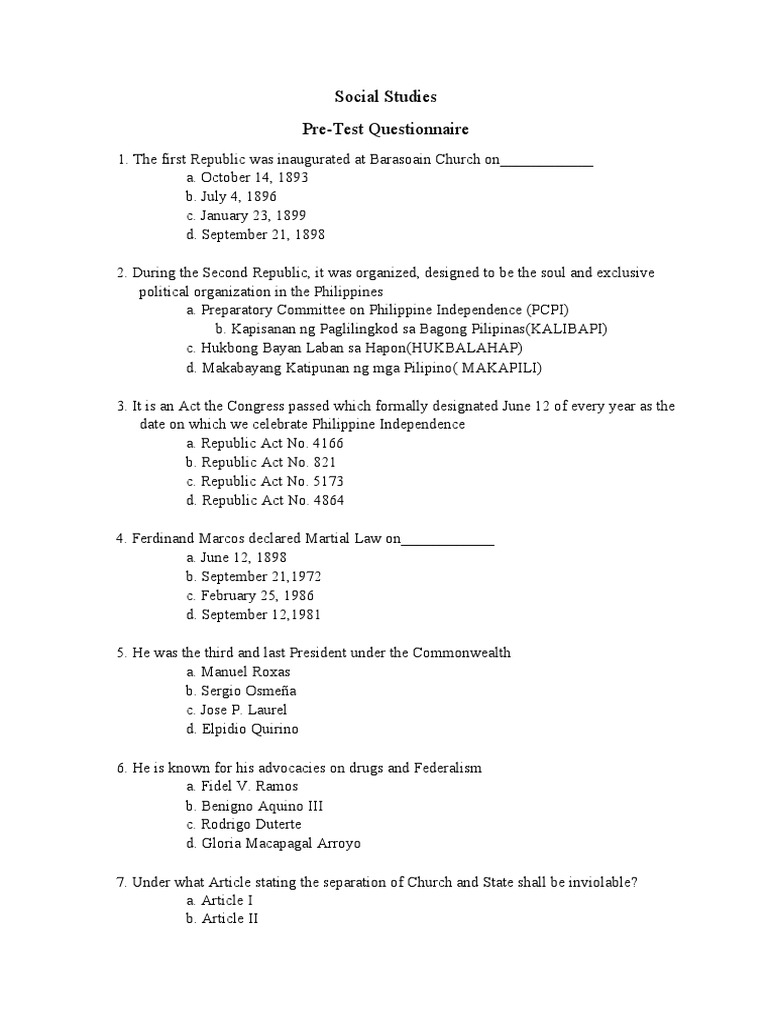 Pre Test - Social Studies | PDF
